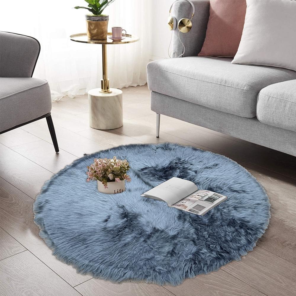 Round Shape Furry Rug 90cm Grey Soft Plush | K-Linen
